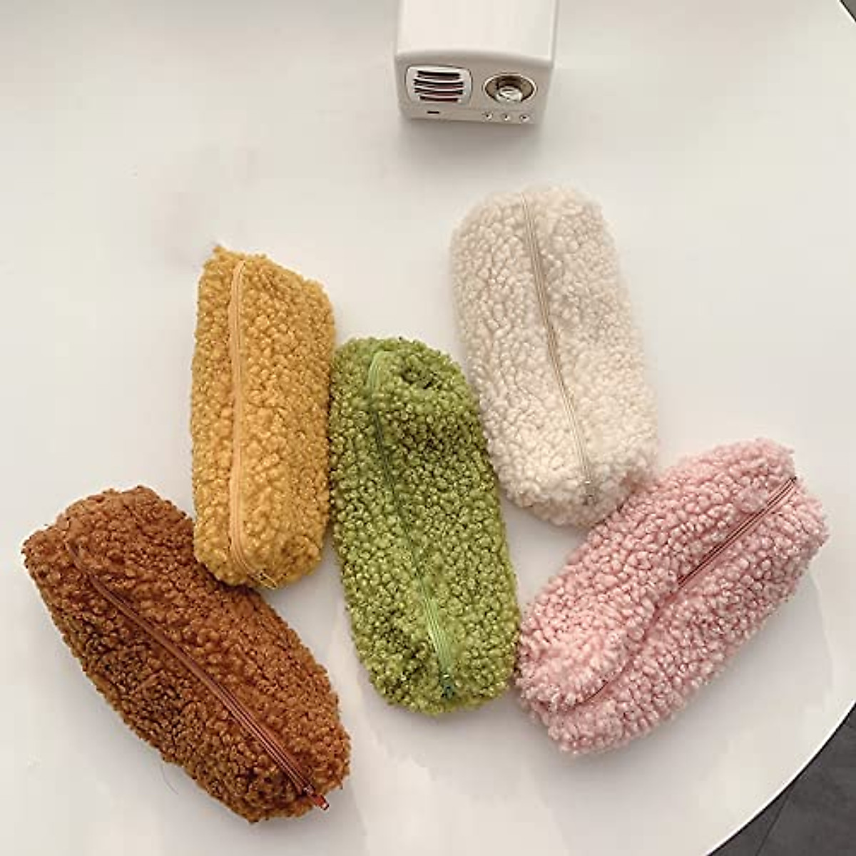 Faux Lambswool Pencil Case Student Zipper Plush Pencil Pouch for School Office Supplies, Solid Color Simple Pencil Case, High Capacity Portable INS Cosmetic Travel Zipper Bag 5 Colors Coffee