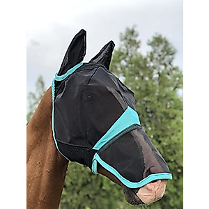 TGW RIDING Horse Mask Full Face Mesh Mask Fine Mesh with Ears and Long Nose (Cob, Black/Turquoise)