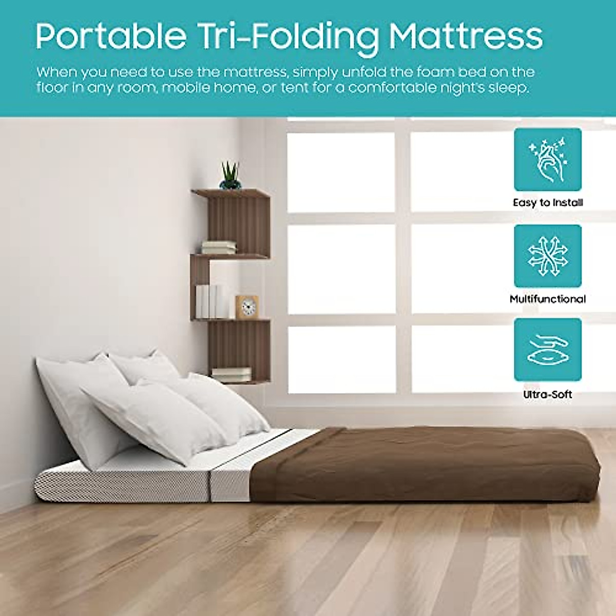 Greaton 4-Inch Tri-Folding Portable Gel Memory Foam Floor Mattress | Ultra Soft Breathable Mesh Sides, Cot Pad, Comfortable Multi-Functional Mattresses, Removable and Washable Cover, 25-Inch, White