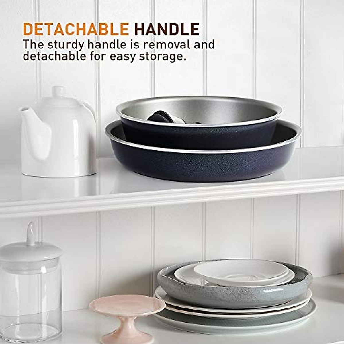 SHINEURI 3 Pieces Removable Handle Cookware, Stackable Pots And Pans Set, Nonstick Pot and Pan Set,Nonstick Frying Pans for Home & Camping, Dishwasher Safe, Oven Safe - 8/9.5 inch