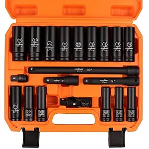HORUSDY 20-Piece 1/2 Impact Socket Set | Metric (10mm - 24mm) | 6 Point Impact Socket Set 1/2 Drive with Case | Cr-V Steel | 3", 5", and 10" Impact Extension Bars