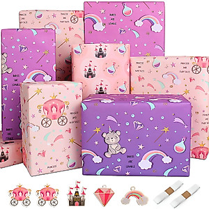 Edunass Wrapping Paper Girls Birthday Wrapping Paper Sheets,Purple Castle Pink Gift Wrapping Paper Set Gift Wrap Birthday Paper(6 Sheets 28" Lx20 W per Sheet)