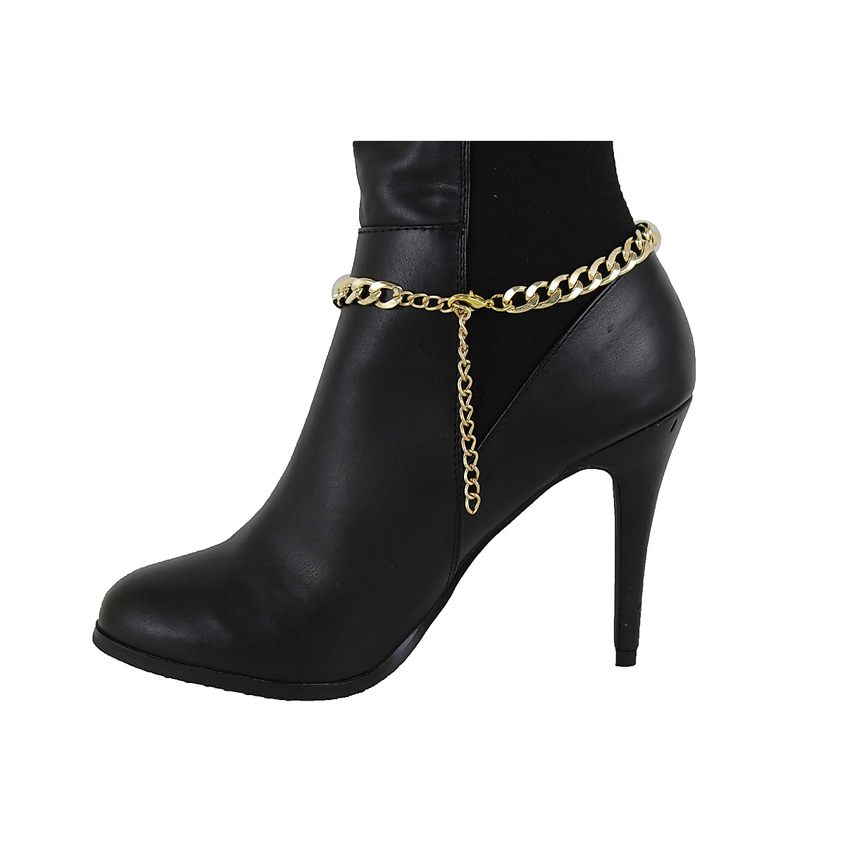 Trendy Fashion Jewelry TFJ Women Western Boot Chains Metal Bling Bracelet Long Narrow Plate Anklet High Heel Charm Gold