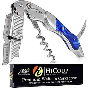 Hicoup Wine Opener - Professional Corkscrews for Wine Bottles w/ Foil Cutter and Cap Remover - Manual Wine Key for Servers, Waiters, Bartenders and Home Use - Stainless Steel w/ Sapphire Resin Inlay