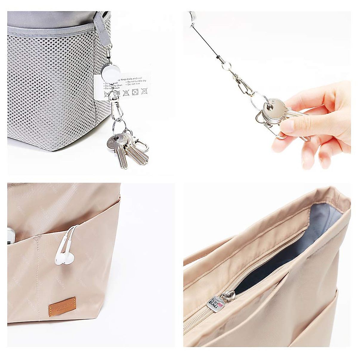 iN. Purse Organizer Insert with zipper Nylon fabric for women Handbags & Totebag beige Size: Large: 15.7"(Top)/12.2"(Bottom) L × 4.9" W × 10" H
