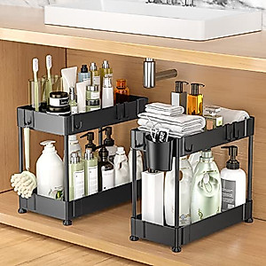 2 Pack Under Sink Organizer, 2 Tier Under Sink Organizers and Storage Bathroom Organizer Countertop, Under Sink Storage Under Cabinet Organizer for Bathroom Kitchen Countertop and Cabinet