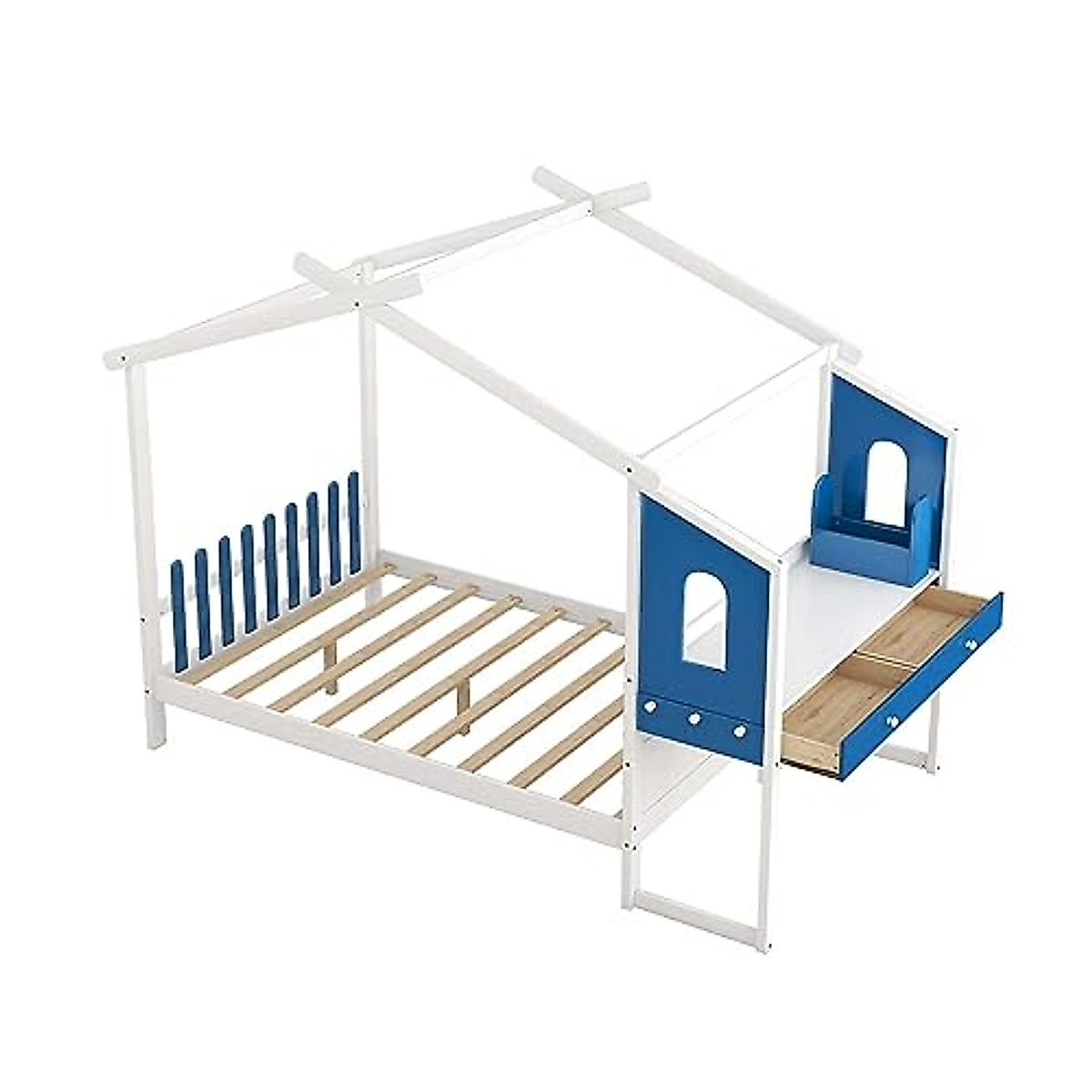 Heliosphere Full Size Platform Bed Frame with Built-in Desk and 2 Drawers, Storage Bed Frame with Separate Storage Pen Case, House Shaped Platform Bed, Solid Wood Bed Frame for Kids Teens Bedroom