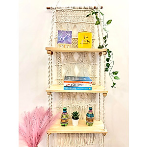 Macrame Wall Hanging Shelf Set, 3 Tier Macrame Wall Hanging Shelf for Wall Decor with Handmade Woven Rope Hanger for Kitchen, Bathroom, Home Storage