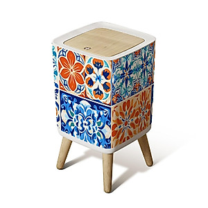 Small Trash Can with Lid Mexican Talavera Ceramic Tiles Spanish Maiolica Colorful decorative Wastebasket with Press Cover Dog Proof Garbage Can Waste Bin for Kitchen Bathroom Nursery 2.6 Gallon