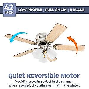 Prominence Home Whitley, 42 Inch Traditional Flush Mount Indoor LED Ceiling Fan with Light, Pull Chain, 5 Dual Finish Blades, Reversible Motor - 50863-01 (Satin Nickel), Bright Brass