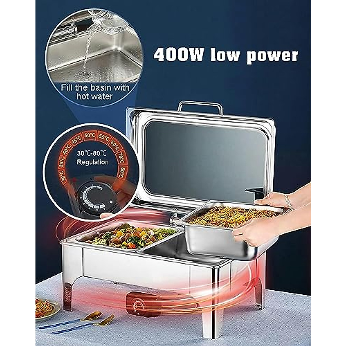 Chafing Dishes Food Warmers, Buffet Server Hot Trays in Stainless Steel, Electric Plate Warmer for Catering Buffet, Hot Plates for Keeping Food Warm (9l 1/2size)