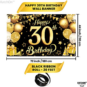 KatchOn, Happy 30th Birthday Backdrop - Large, 72x44 Inch | Black and Gold 30th Birthday Decorations | Happy 30th Birthday Banner for 30th Birthday Party Men, Women