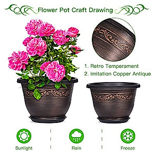 Plastic-Plant-Flower-Planters-10 Inch With Drainage Hole & Saucer, 3 Packs Lightweight Small Resin Flower Pot Indoor Outdoor, Retro Antique Imitation Decorative Garden Containers Sets For Houseplants