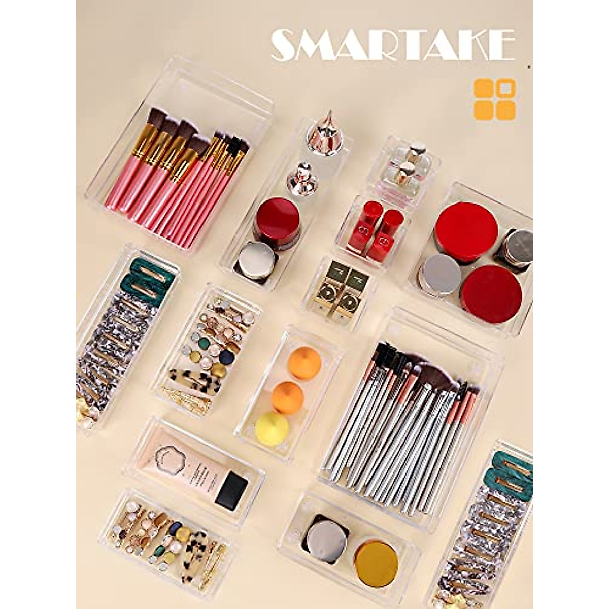 SMARTAKE 30-Piece Drawer Organizer with Non-Slip Silicone Pads, 7-Size Desk Drawer Organizer Trays Storage Tray for Makeup, Jewelries, Utensils in Bedroom Dresser, Office and Kitchen (Clear)
