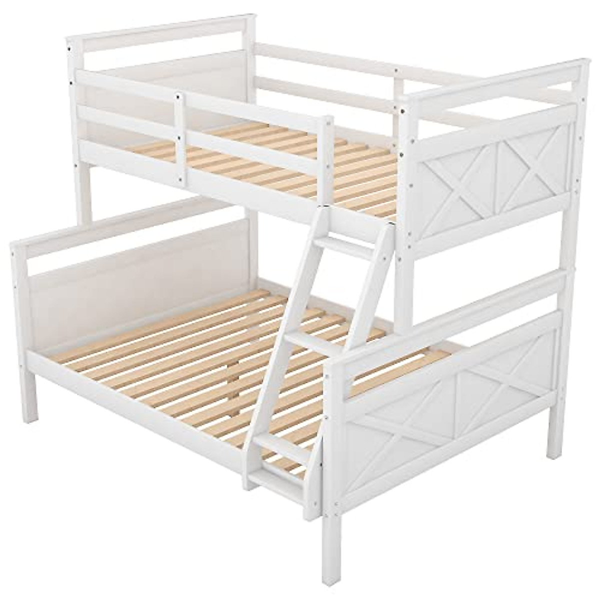 POCIYIHOME Twin Over Full Bunk Bed with Ladder, Wood Bed Frame with Slat Support & Full Length Guardrail for Kids,Teens Bedroom, Convertible into Two Separate Beds, No Box Spring Needed, White