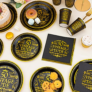 Crisky Aged 50 Years Vintage Dude Napkins Plates Cups Disposable Tableware Set of 24 for Men 50th Birthday Party Decorations Black Gold (9" Plates,7" Plates, Luncheon Napkins, 9oz Cups)