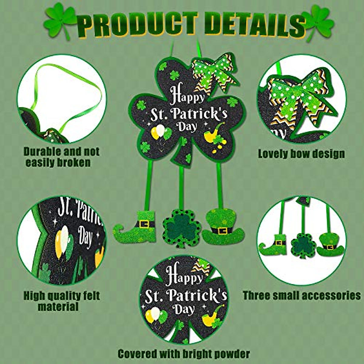 Jetec Happy St. Patrick's Day Decor Shamrock Door Sign Irish Hanging Wall Decoration Welcome Board Felt with Rope for Home Party