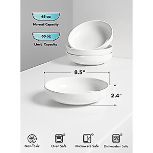 LE TAUCI Pasta Bowls 45 OZ, Large Salad Bowls and Serving Bowls, Soup Bowl, Ceramic Pasta Plates - 8.5 Inch, Set of 4, White