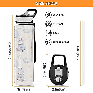 FLildon Cloudy Hippo Water Bottle with Straw Lid 32oz Leakproof Clear Gym Water Bottles for Women Men Outdoor Sport Drinking