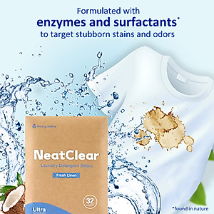 Eco-friendly Laundry Detergent Sheets, Travel Size Liquidless Soap Sheets NeatClear | No Mess & Space-Saving, Great For Travel, Apartments, Dorms | Fresh Linen Scent 32 Laundry Strips (32 Loads)