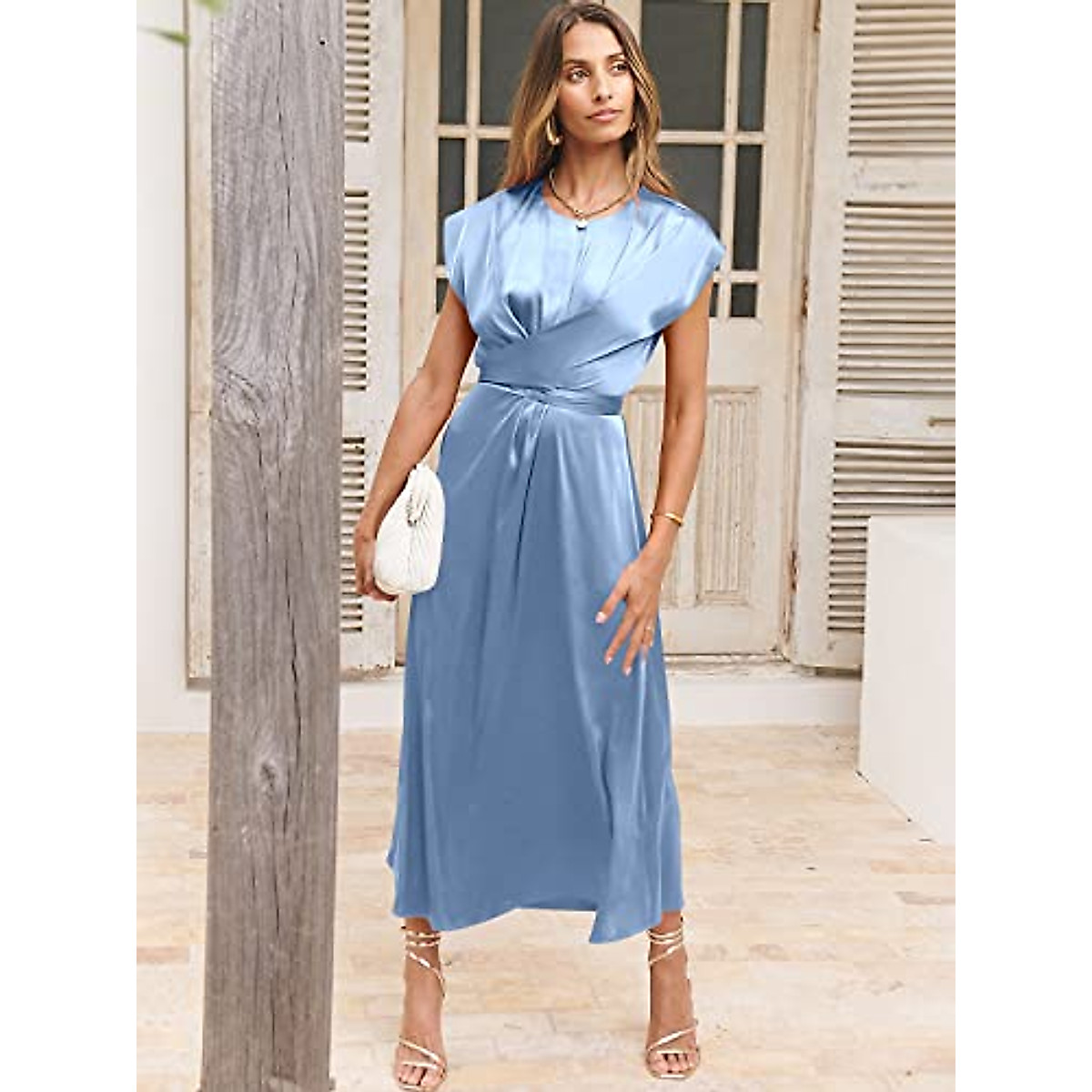 ANRABESS Women's 2023 Formal Dress for Women Summer Maxi Elegant Satin Cocktail Dress Sleeveless Wrap A-Line Flowy Midi Wedding Guest Silk Semi Formal Dress 916qianlan-L