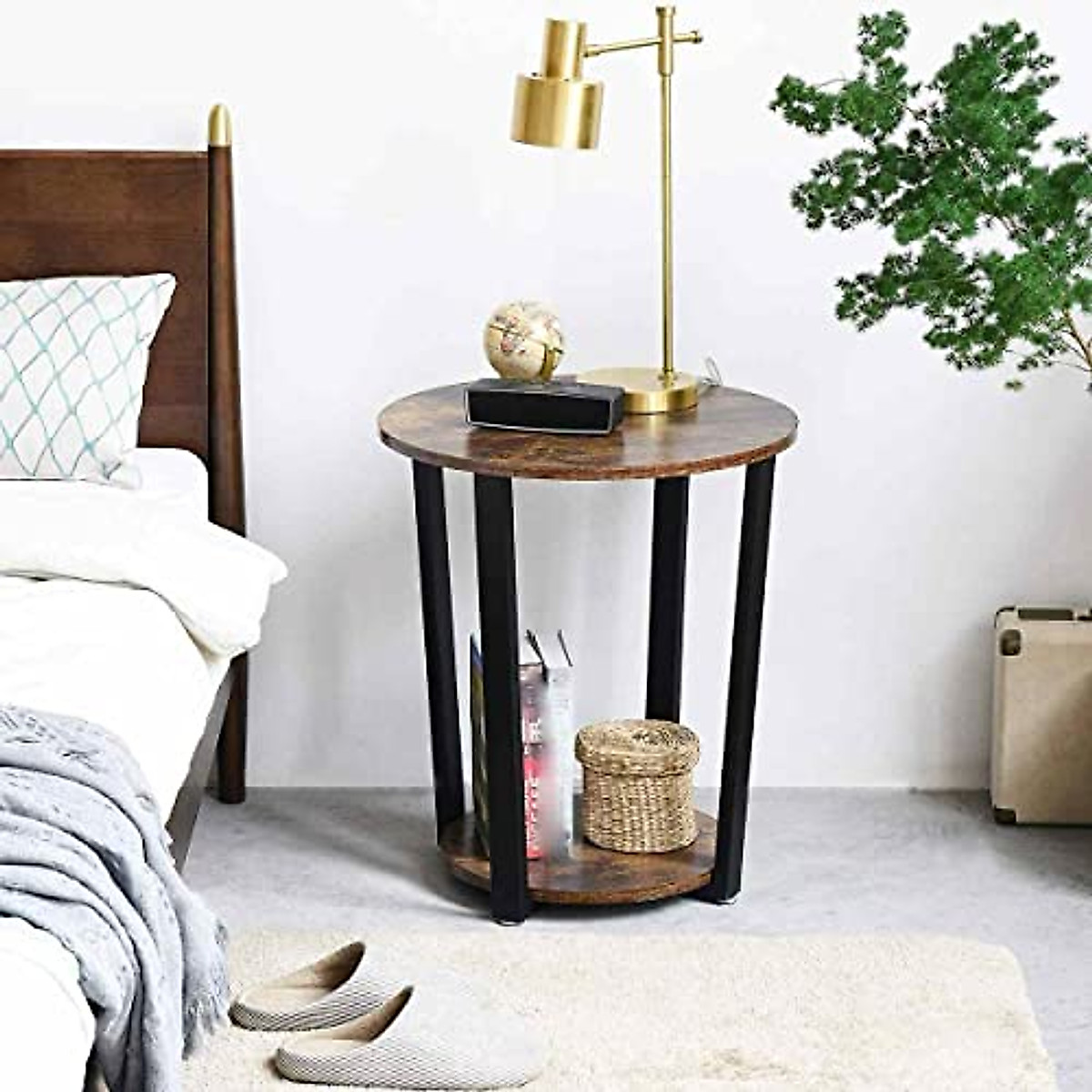 LIRUXUN Round Coffee Table with Storage Shelf Easy to Assemble Style Furniture with Steel Shelf Rustic Brown