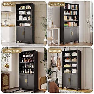 71"H Metal Bookcases and Bookshelves with 2 Doors and Adjustable Shelves，Tall Storage Cabinet Industrial Bookshelf 6-Tier Open Display Shelf，Decor Furniture for Home, Office, Living Room, Bedroom