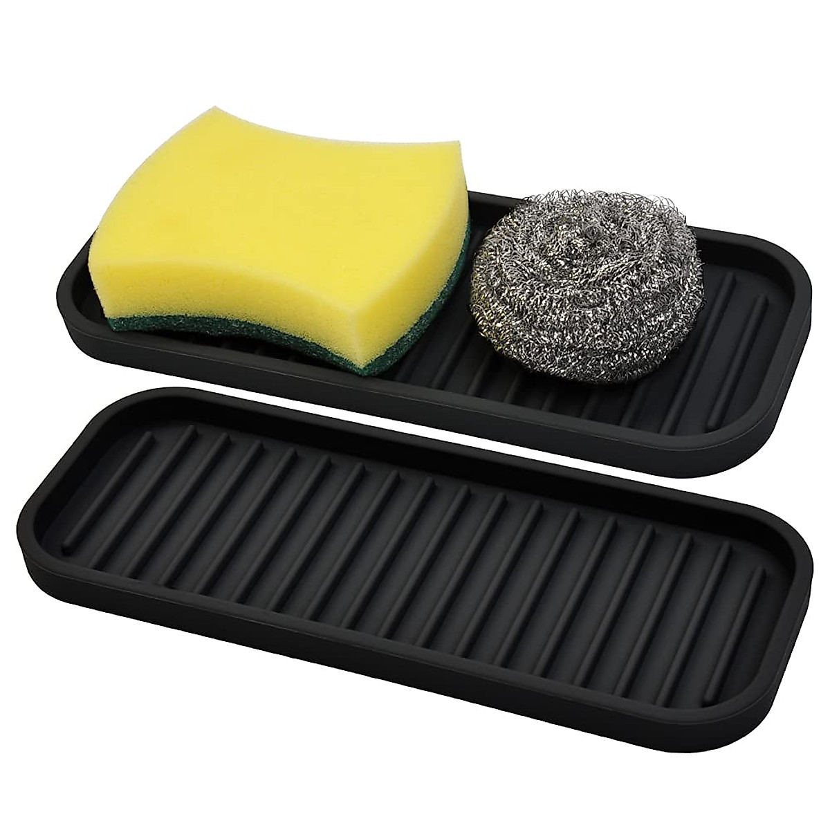 Silicone Sponge Holder Kitchen Sink Organizer Tray Dish Caddy Soap Dispenser, Scrubber Spoon Holder,Dishwashing Accessories 2 Pack (Black)