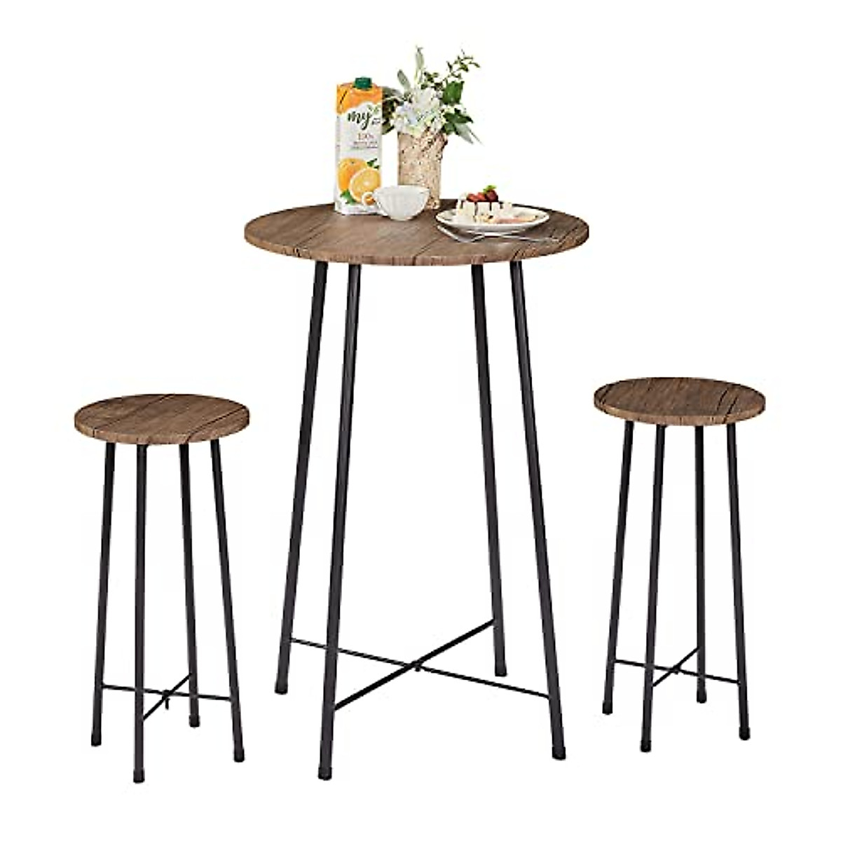 VECELO Small Bar Table and Chairs, Round Bistro Sets with 2 barstools, 3-Piece Pub Dining Furniture, Counter Height Wood Top for Breakfast Dinner Coffee Nap Conference, Easy Assembly