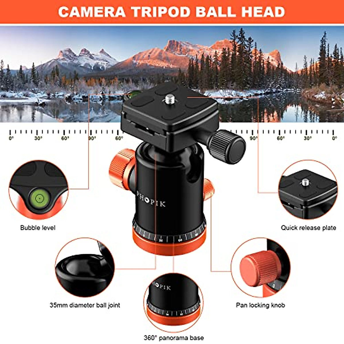 PHOPIK Camera Tripod 76 Inch Camera Tripod with Rotatable Horizontal Center Column, Aluminium Professional Tripod for DSLR with 360 Degree Ball Head, Quick Release Plate