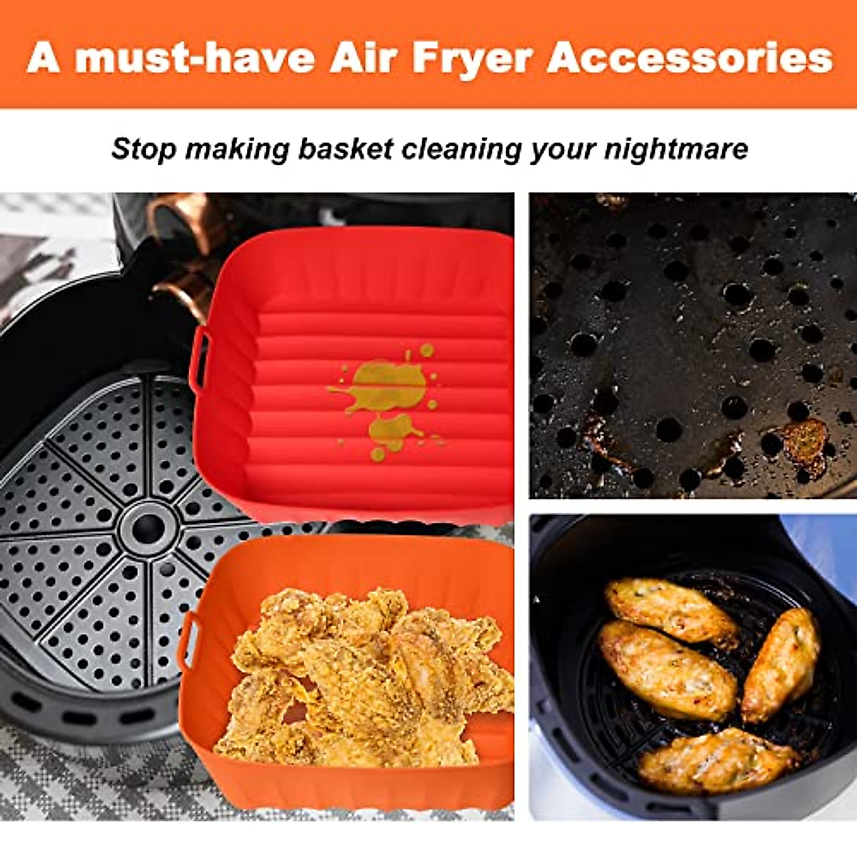 2-Pack Air Fryer Silicone Liners Square, 8.3 inch Silicone Air Fryer Basket or Liners for 4 to 8 QT Reusable Air Fryer Pot for Oven Microwave Accessories (Red+Orange)