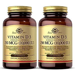 Solgar Vitamin D3 (Cholecalciferol) 250 MCG (10,000 IU) - Helps Maintain Healthy Bones & Teeth - Immune System Support - Non-GMO, Gluten Free, Dairy Free - 120 Servings, 120 Count (Pack of 2)