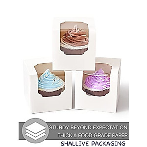 Shallive 100 Pcs Individual Cupcake Box White with Insert, 3.5" Treat Boxes with Window Bulk for Hot Cocoa Bombs and Cookies, Pre-Assembled for Easter Wedding Birthday Baby Shower Party