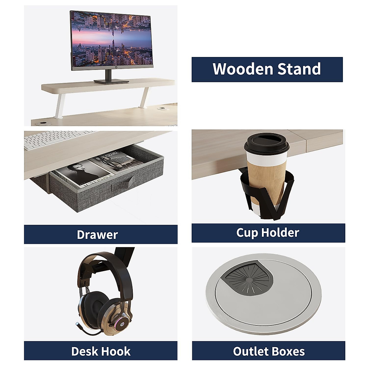 HEONAM Electric Standing Desk with Drawer, 63x30 Inches Height Adjustable Sit Stand Up Desk with Storage Shelf, Home Office Desk Computer Workstation with White Pearwood Top/White Frame