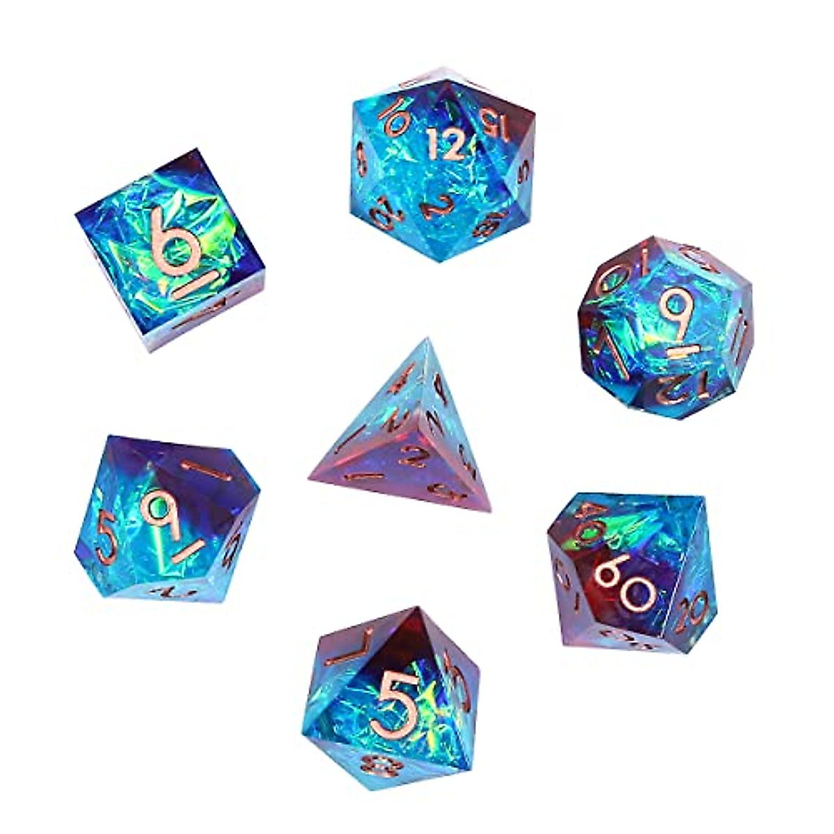 DollaTek Resin Transparent RPG Dice Set, 7pcs DND Dice Set D4 D6 D8 D10 D12 D20, Red and Blue with Gold Foil, for Dungeons and Dragons and Board Games