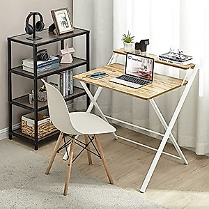 GreenForest Folding Desk No Assembly Required Fully Unfold 32 x 24.5 inch, 2-Tier Small Computer Desk with Shelf Space Saving Laptop Study Foldable Table for Small Spaces, Oak