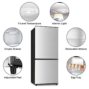 Saeoola Mini Fridge with Freezer on Bottom, 4.0 Cu.Ft, 2 Doors Compact Small Refrigerator with Bottom Freezer for Apartment, Dorm, Office, 7-Level Temperature Control, Removable Shelves (Sliver)