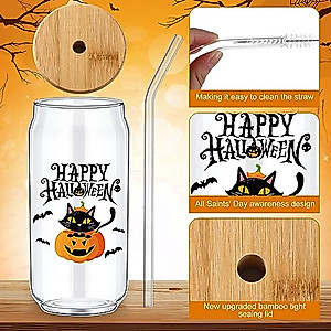Umigy 4 Set Halloween Glass Cups with Lids Straws Brushes Halloween Decorations Drinking Glasses, Funny Witch Ghost Pumpkin 16oz Can Shaped Beer Glass Trick or Treat Gift for Women Kids Men (Cute)