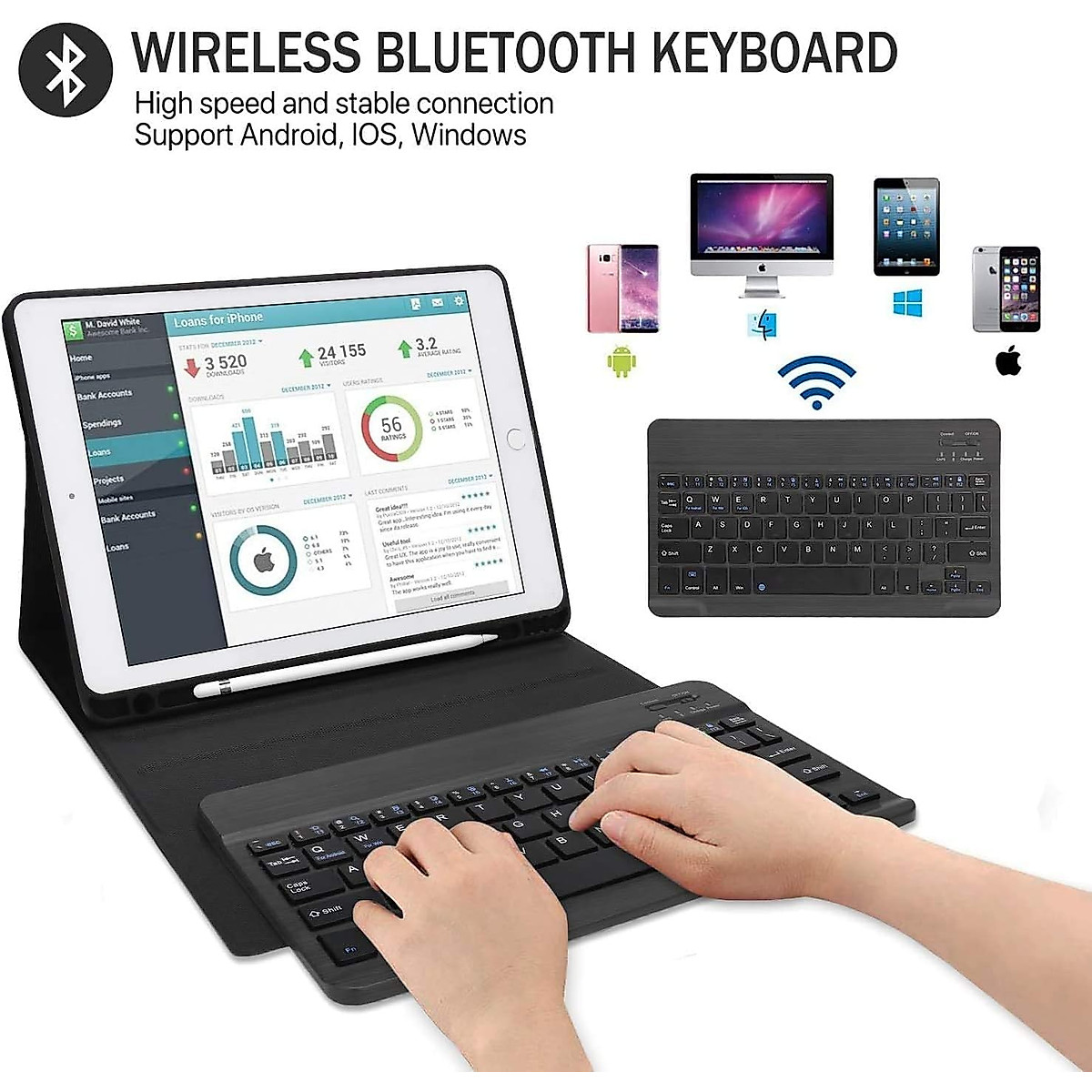 KVAGO iPad Keyboard Case 9.7 inch, Compatible with iPad 6th Generation,iPad 5th Generation, iPad Pro 9.7 inch, iPad Air 2,iPad Air, Protective Folio Cover with Wireless Bluetooth Keyboard -Black