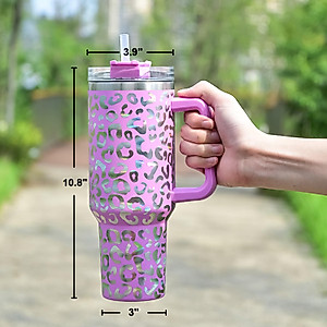 FECBK 40 oz Tumbler with Handle and Straw, 100% Leak-Proof Travel Mug, Stainless Steel Double Wall Vacuum Insulated Coffee Cup Keeps Cold For 34 Hours, Dishwasher Safe, Lavender Rose Leopard