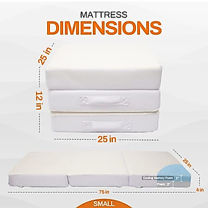 Cheer Collection Tri-Fold Memory Foam Mattress - 4" Thick Gel Infused Foam Folding Bed for Guests, Small Size (75" x 25")