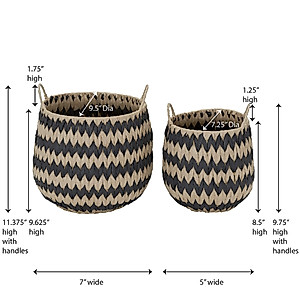 Household Essentials Brown Set of 2 Round Woven Wicker Storage Baskets with Handles | Black Stich Pattern