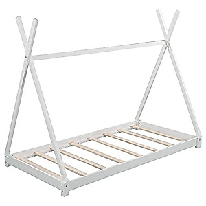 Twin House Bed, Floor Bed, Tent Bed, Wood Platform Bed Frame with Roof for Toddlers Kids Boys Girls Teens, No Box Spring Needed – White