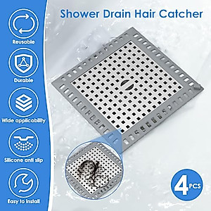 4Pcs Shower Drain Hair Catcher, Sink Hair Stopper, Sink Drain Cover Strainer, Drain Hair Filter Mesh Tub Drain Protector, Stainless Steel Bathtub Hair Trap Stopper for Kitchen Bathroom (Square)