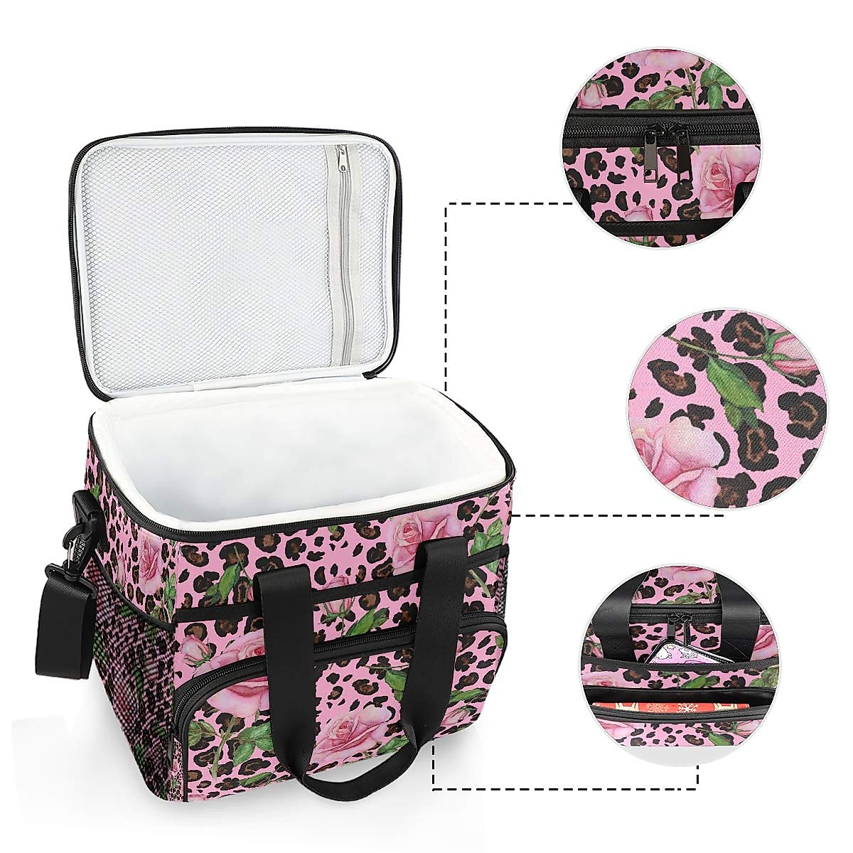 MNSRUU Cooler Bag Roses On Pink Leopard Cooler Bag Insulated Lunch Totes Picnic Bag Leakproof Beach Cooler Lunch Box Container
