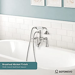 gotonovo Deck Mount Tub Bathtub Faucet Clawfoot with Handheld Shower 6 Inch Brushed Nickel Telephone Shaped Sprayer Showerheld Double Cross Handle