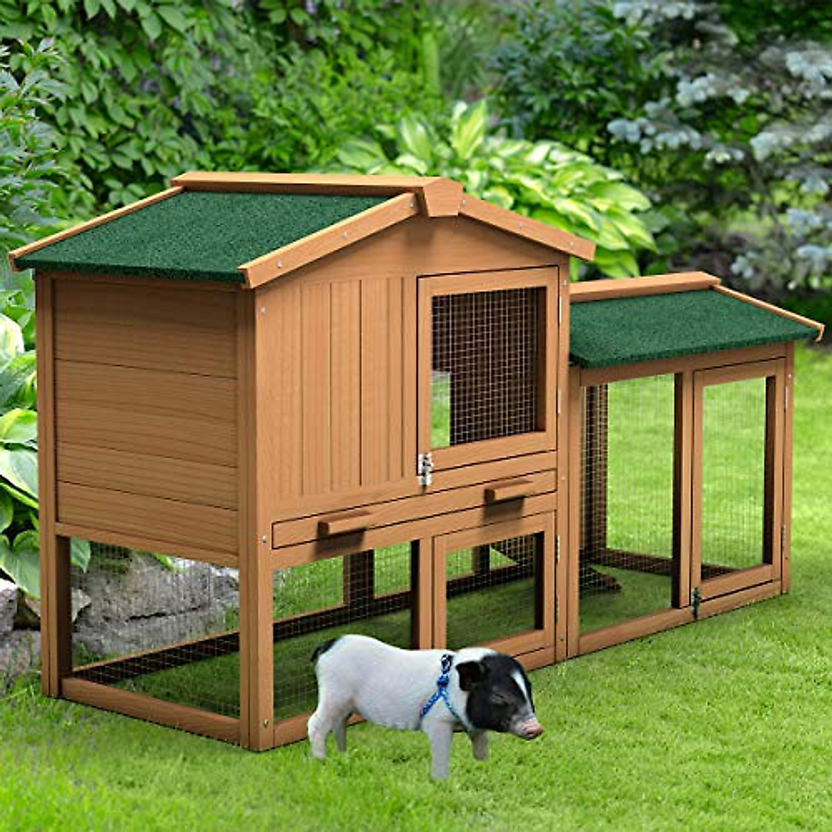 ADTEST Two Tier 58'' Large Wooden Rabbit Hutch, Chicken Coop Bunny Animal Hen Cage House, Pet House for Small Animals with Stairs & Cleaning Tray, Brown