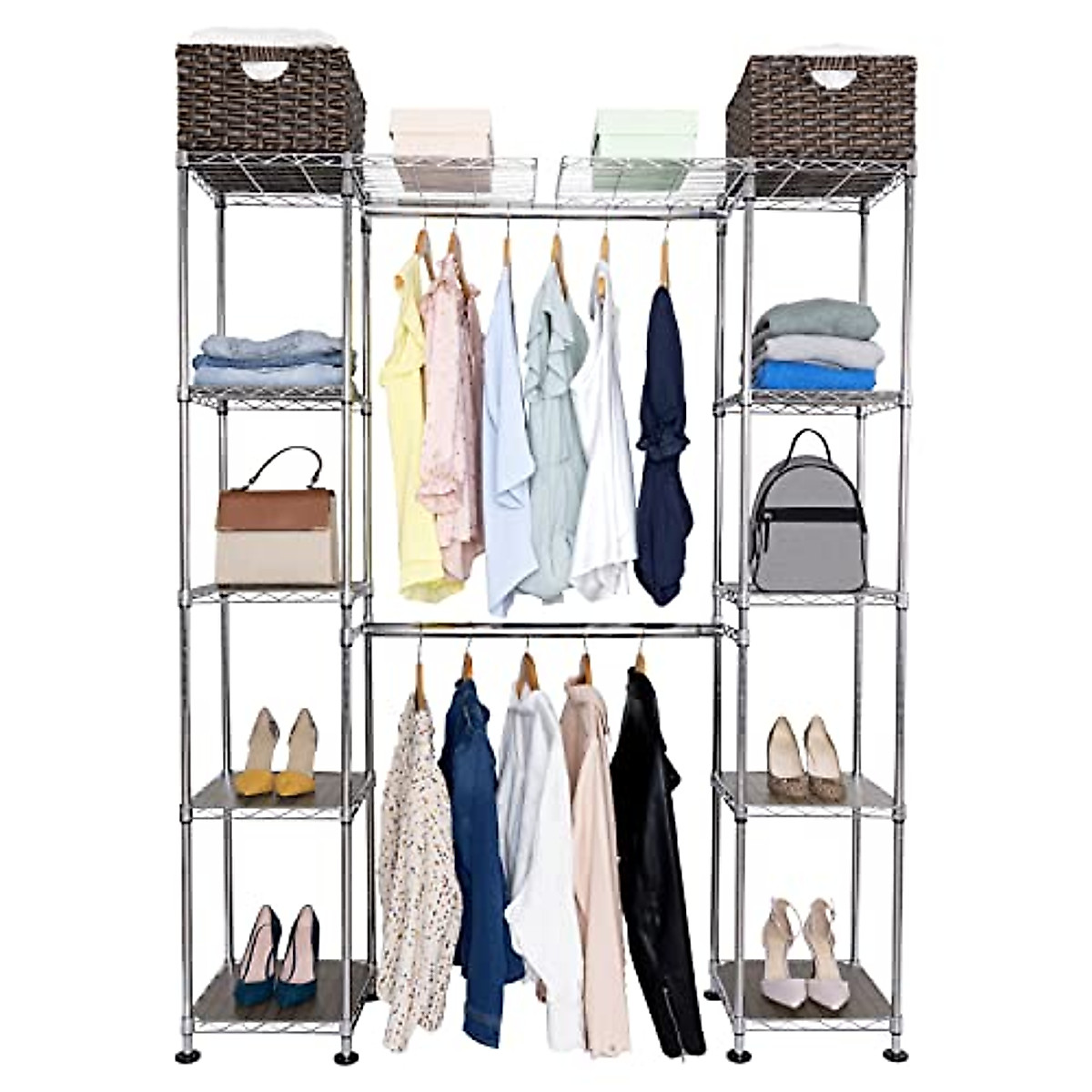 Seville Classics Closet Garment Organizer with Metal Hanging Rod Wardrobe Storage System w/Steel Shelves for Clothes, Shirts, Jackets, Coats, Blankets, Shoes, 58" to 83" W x 14" D x 72"