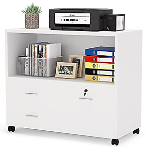 Tribesigns 3 Drawer File Cabinet with Lock, Mobile Lateral Filing Cabinet with Rolling Wheels, Large Printer Stand with Open Storage Shelves for Home Office (White)