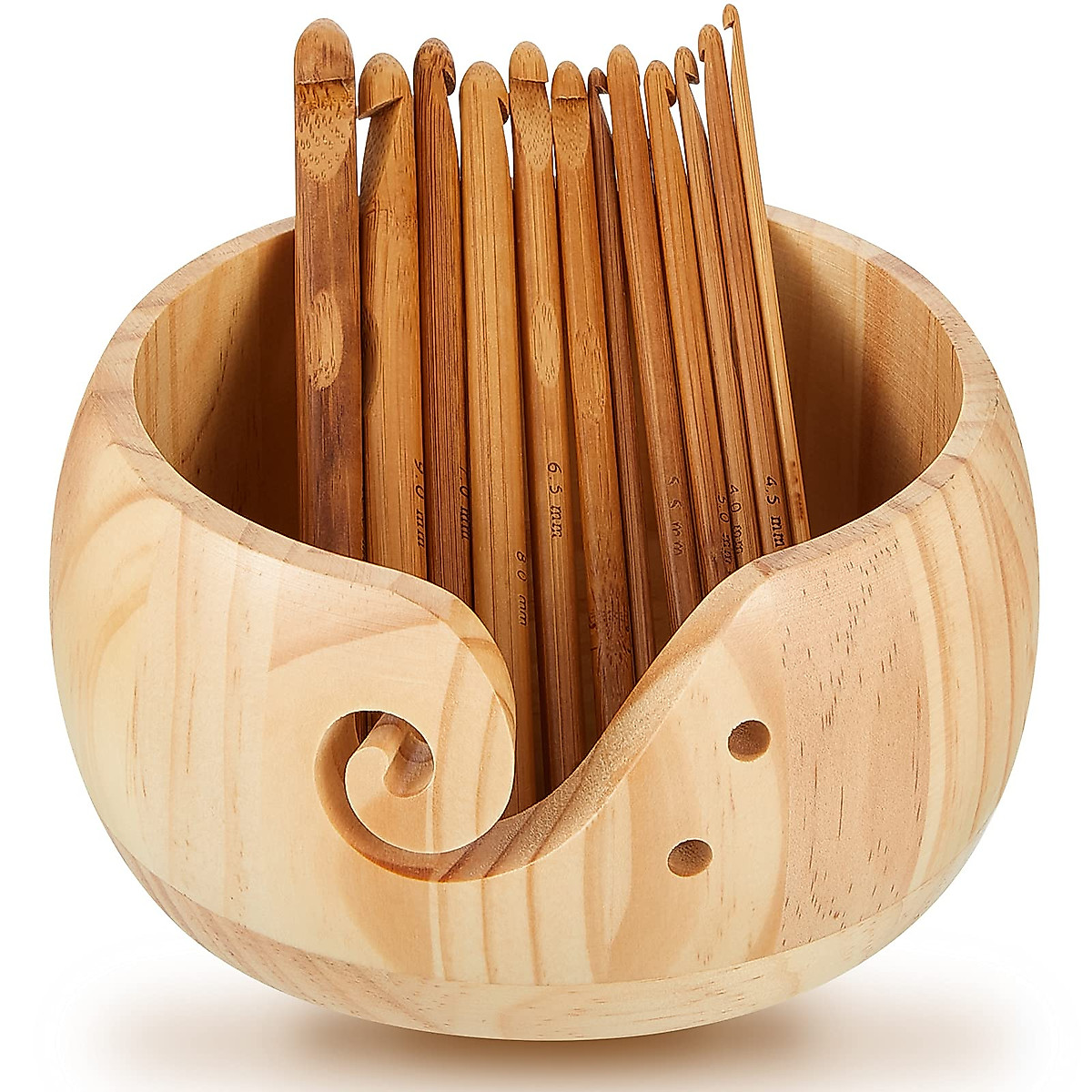 Wooden 6 x 6 x 3 Inch Yarn Bowl Crocheting Bowl Round Knitting Wool Storage Yarn Bowl Handmade with Holes 12 Pieces Crochet Hooks for Crocheting Knitting DIY Crafts Tools (Natural Color)